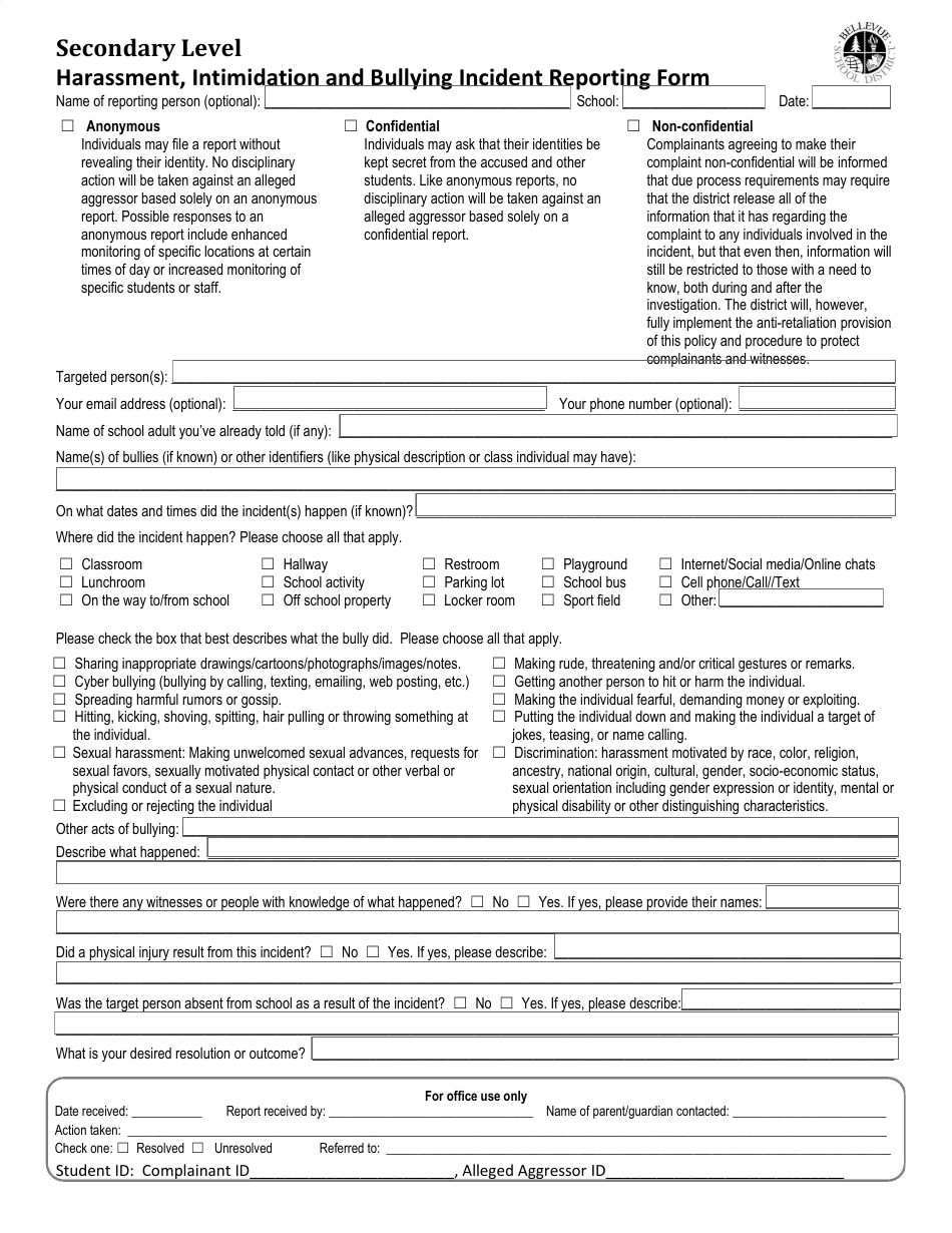 Washington Secondary Level Harassment, Intimidation and Bullying ...