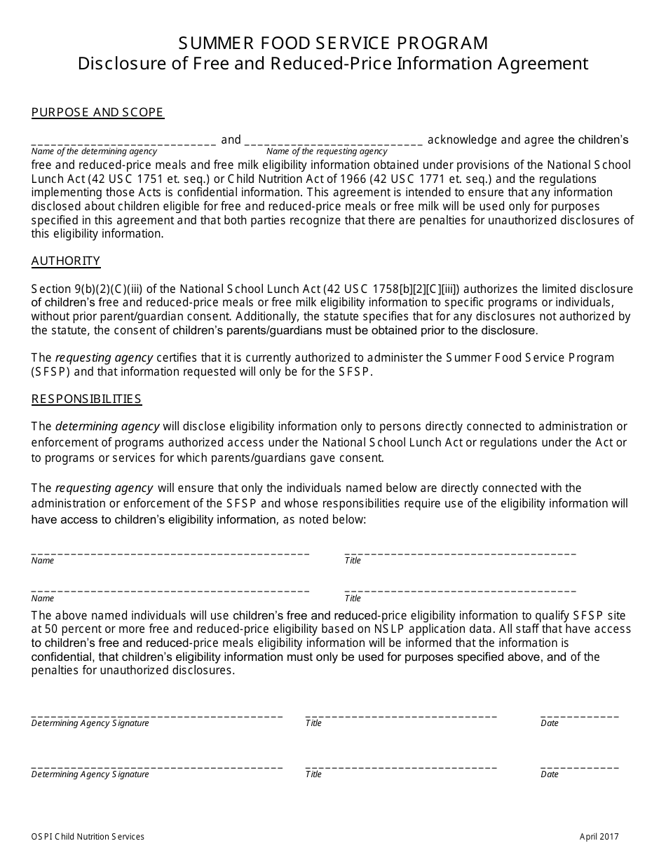Washington Disclosure of Free and Reduced-Price Information Agreement ...