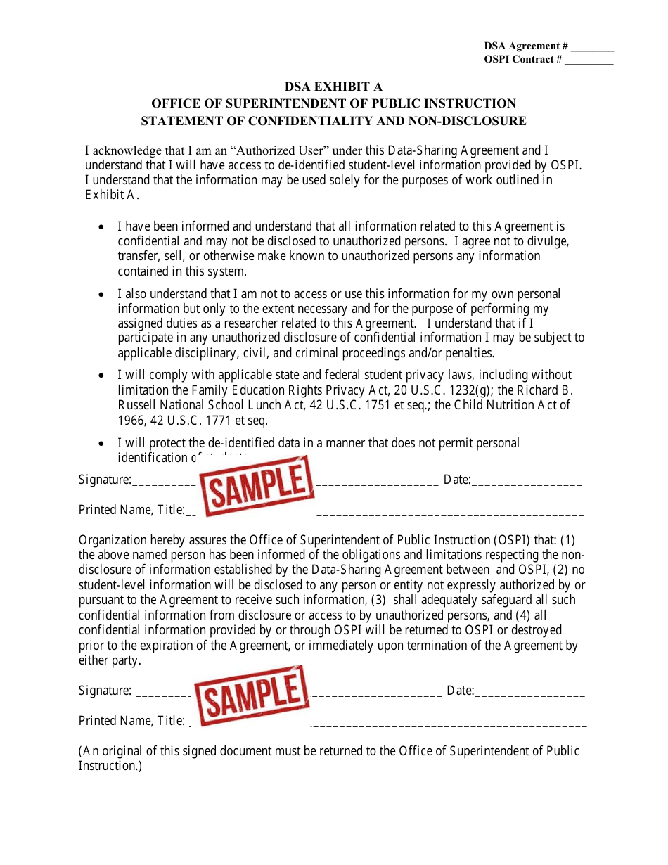 Washington Statement of Confidentiality and Non-disclosure - Sample ...