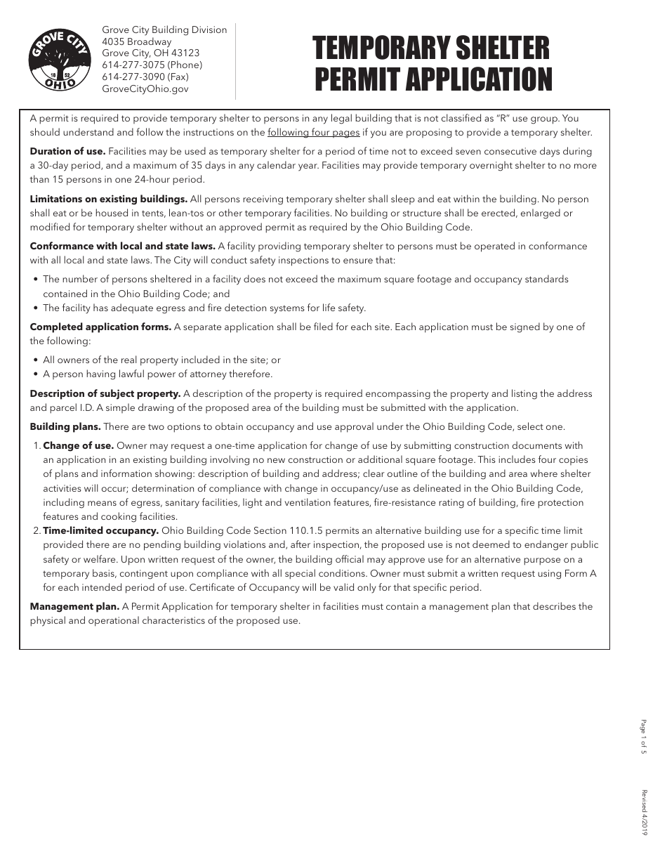 Grove City, Ohio Temporary Shelter Permit Application Download Fillable ...