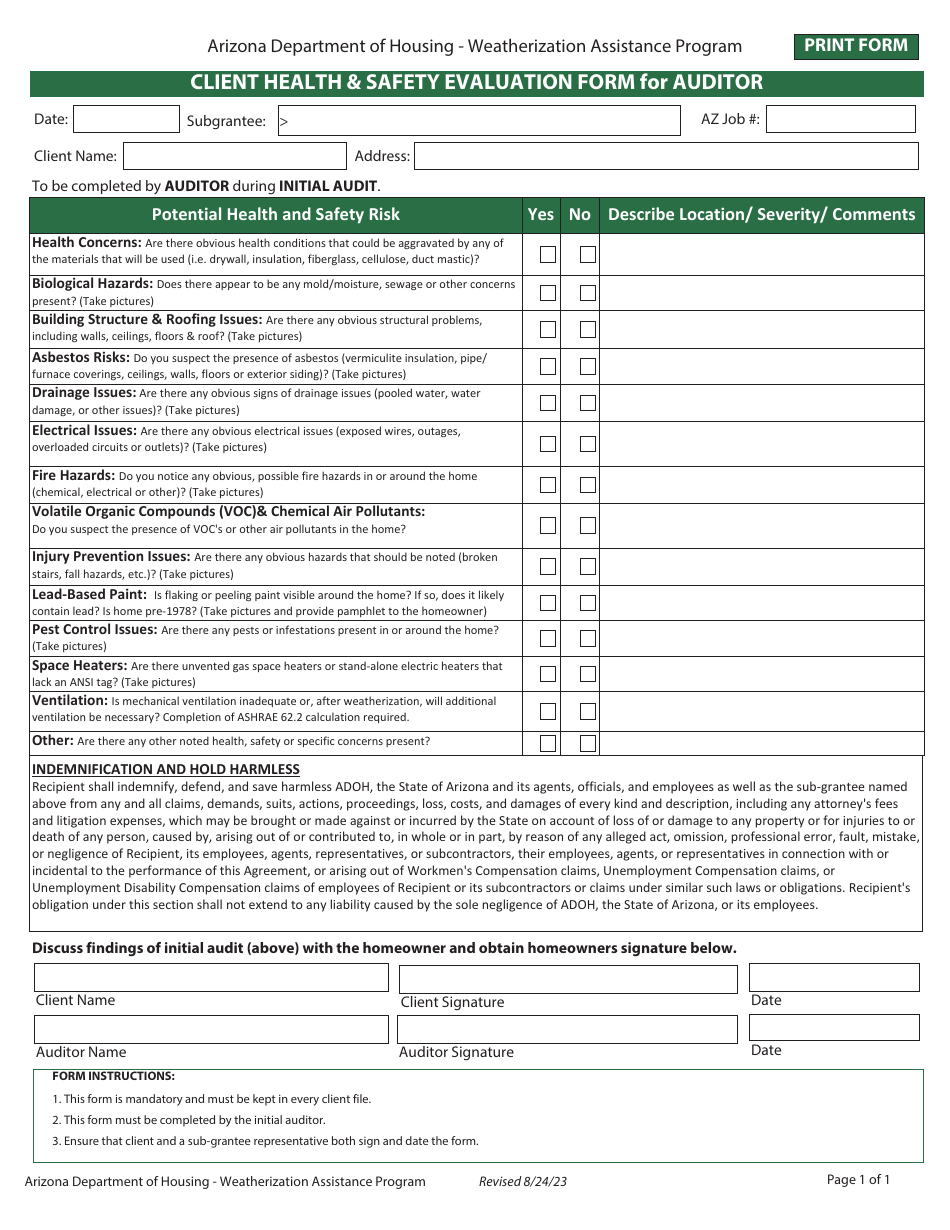 Arizona Client Health & Safety Evaluation Form for Auditor ...