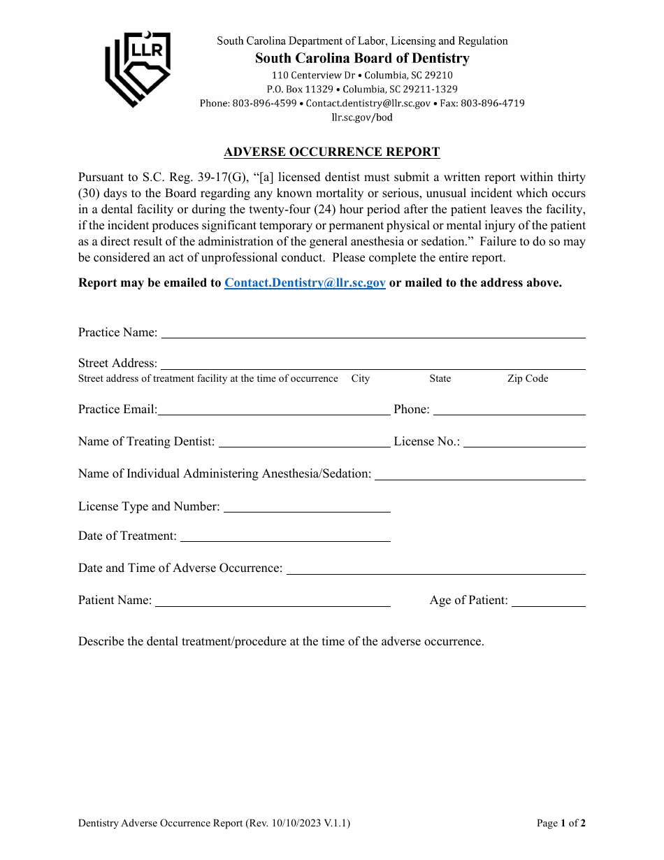 South Carolina Adverse Occurrence Report - Fill Out, Sign Online and ...