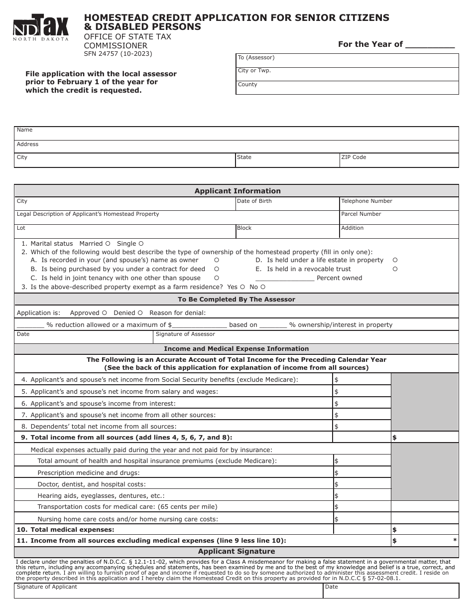 Form SFN24757 Download Fillable PDF or Fill Online Homestead Credit ...