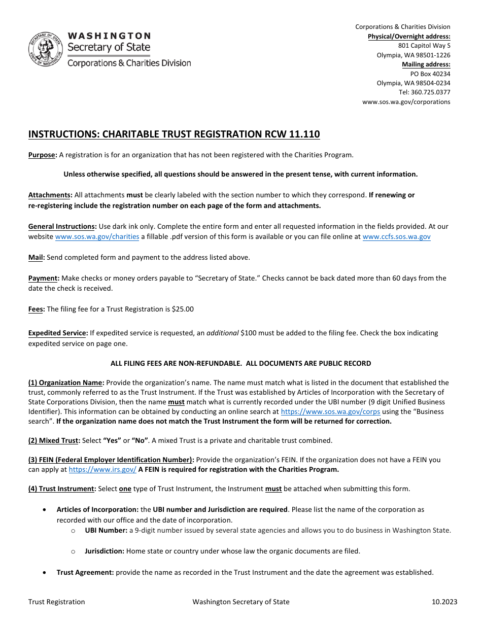 Washington Charitable Trust Initial Registration Download Fillable PDF | Templateroller