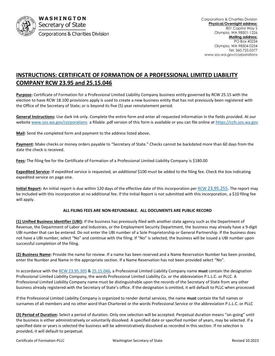 Washington Certificate of Formation - Professional Limited Liability ...