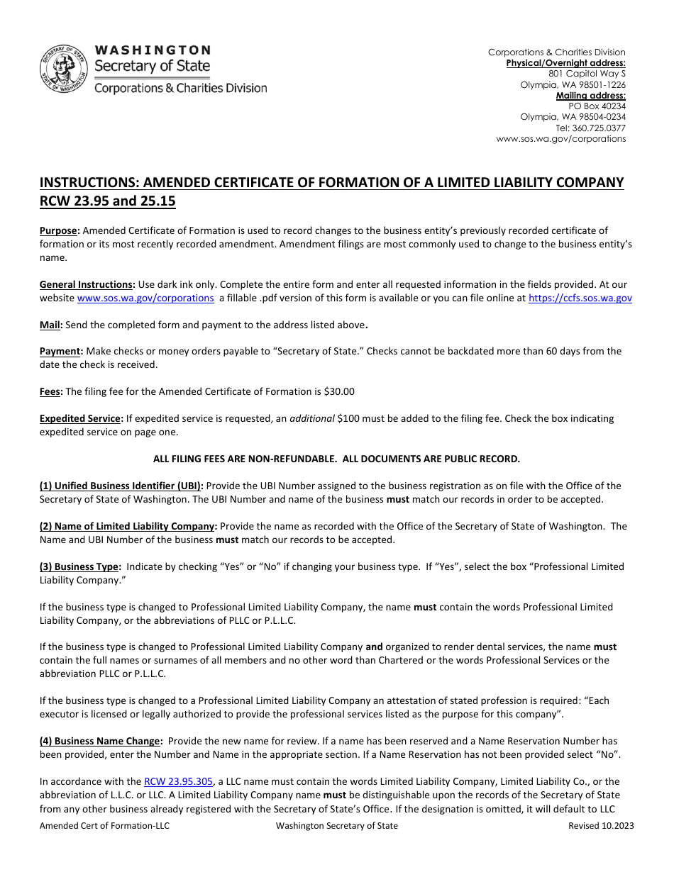 Washington Amended Certificate of Formation - Limited Liability Company ...