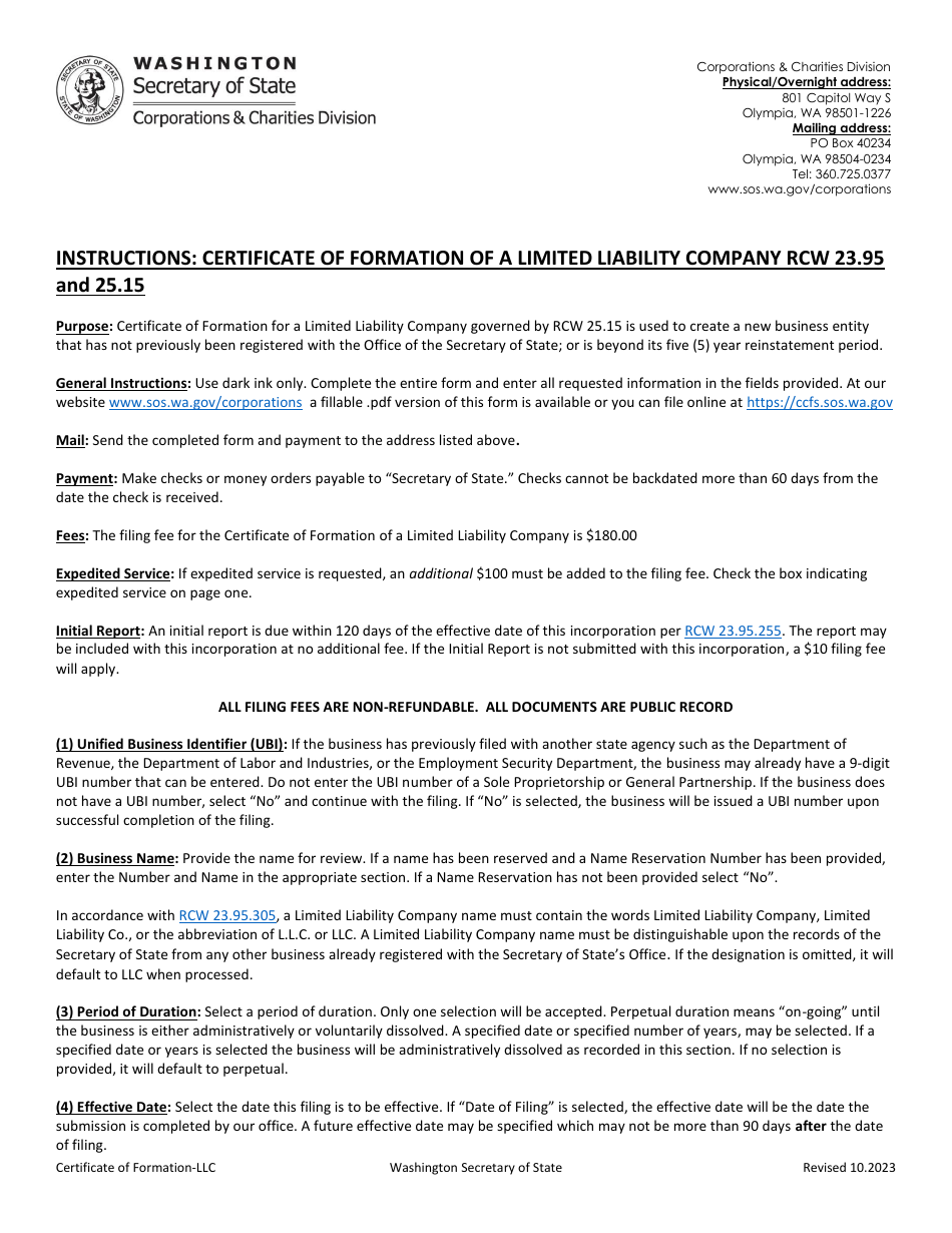 Washington Certificate of Formation - Limited Liability Company ...