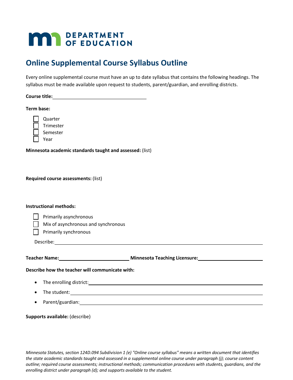 Minnesota Online Supplemental Course Syllabus Outline - Fill Out, Sign ...