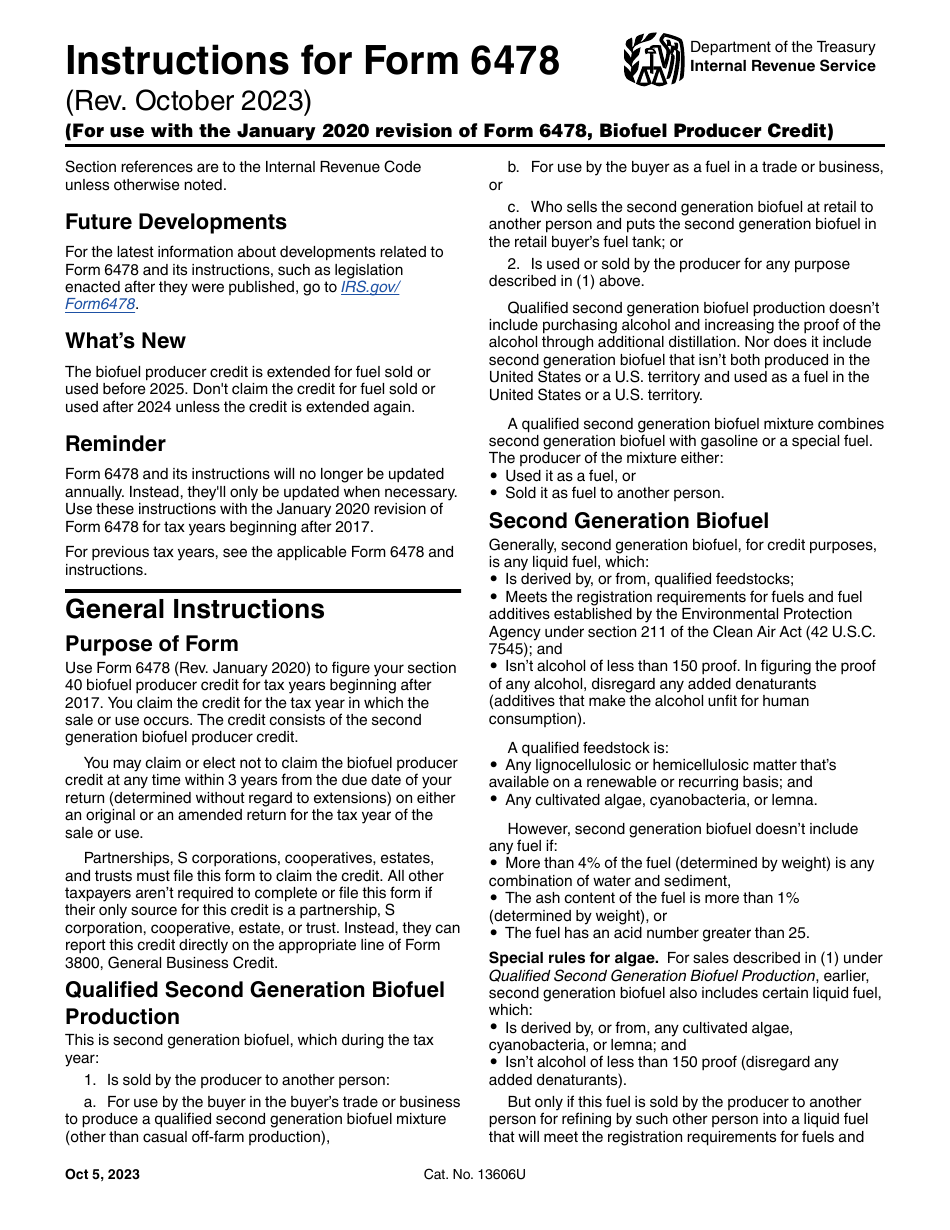Download Instructions for IRS Form 6478 Biofuel Producer Credit PDF ...