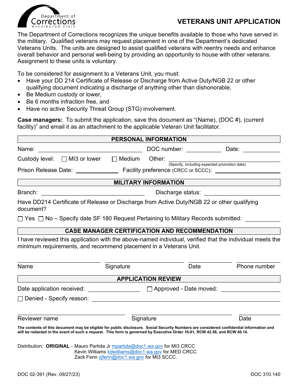 Form DOC02-391 Download Printable PDF or Fill Online Veterans Unit Application, Washington 2021 ...
