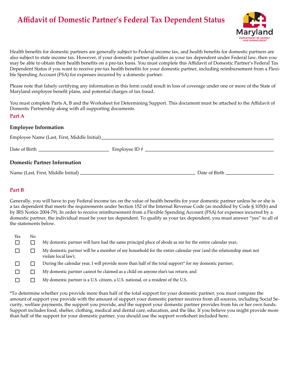 Maryland Affidavit of Domestic Partner's Federal Tax Dependent Status ...