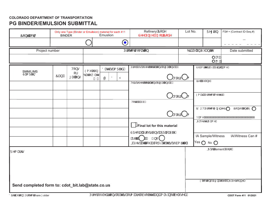CDOT Form 411 Download Fillable PDF or Fill Online Pg Binder/Emulsion ...
