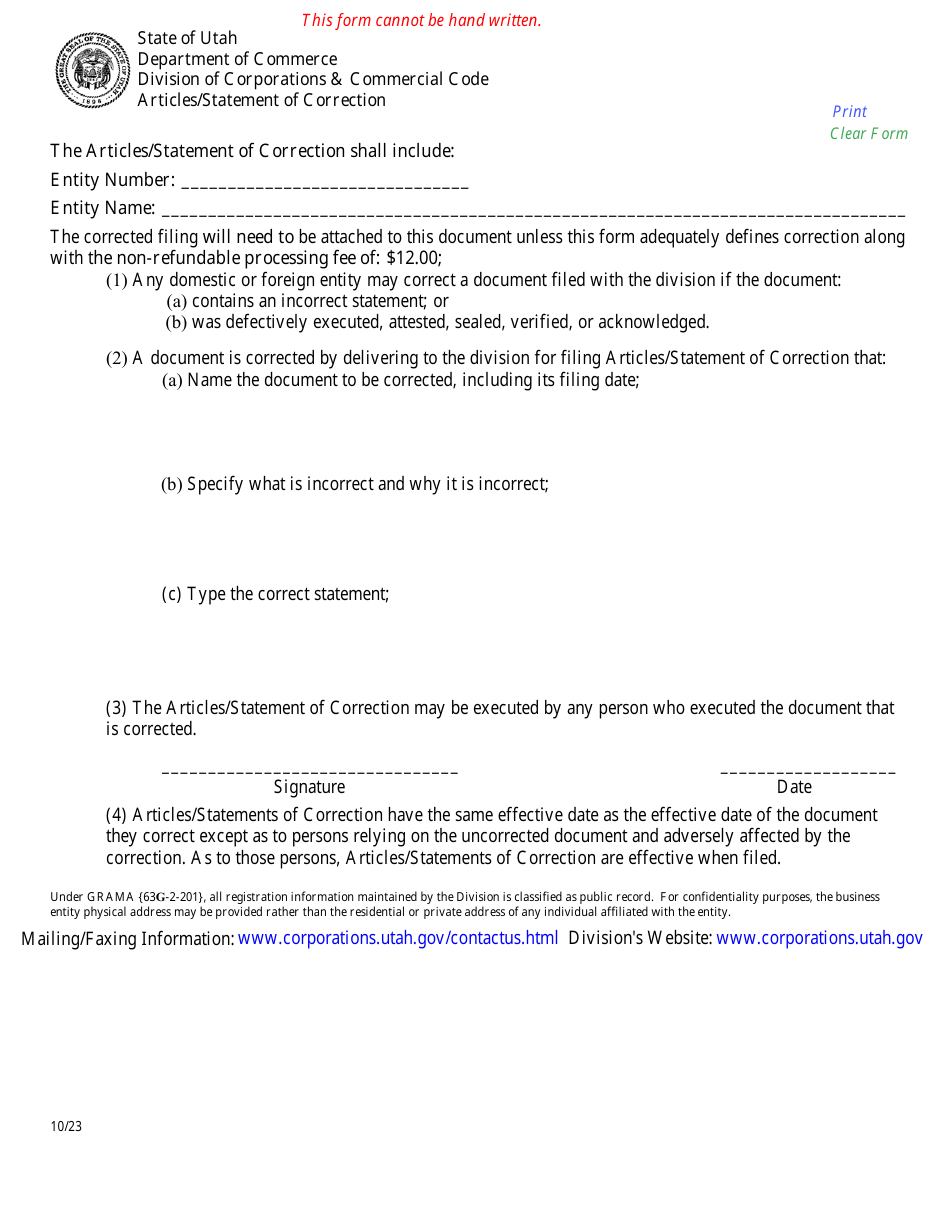 Utah Articles/Statement of Correction Download Fillable PDF 2019 — 2026 ...