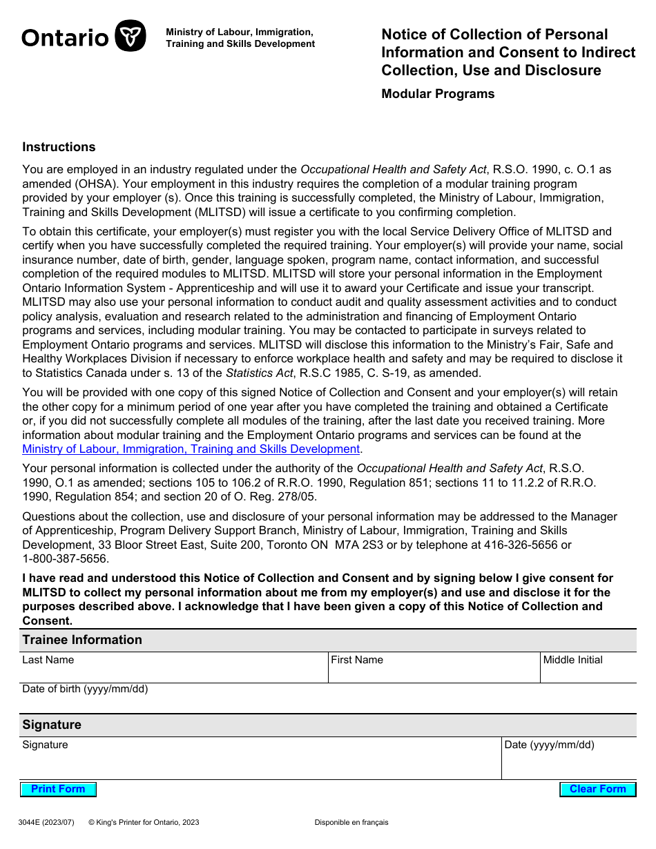 Form 3044E - Fill Out, Sign Online and Download Fillable PDF, Ontario ...