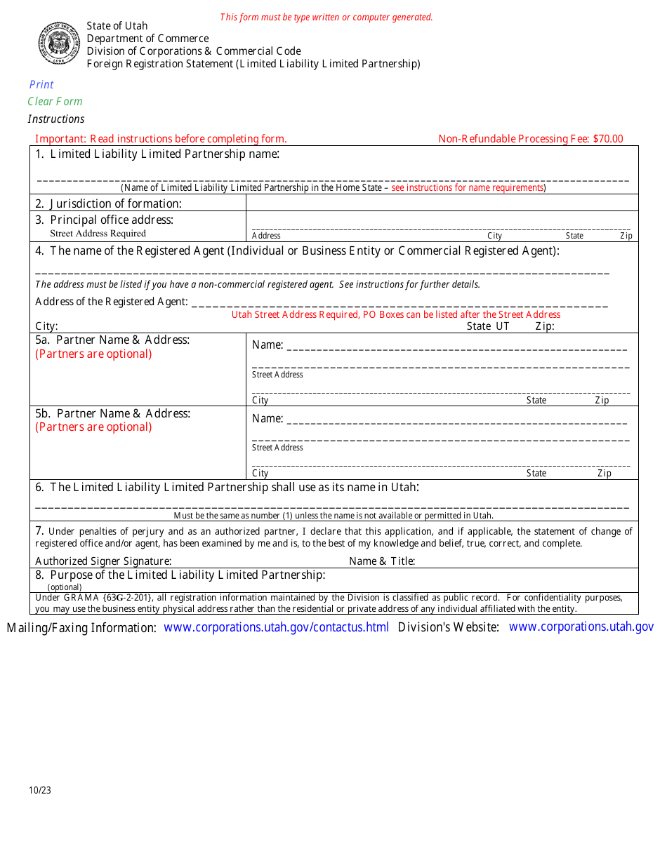 Utah Foreign Registration Statement (Limited Liability Limited ...