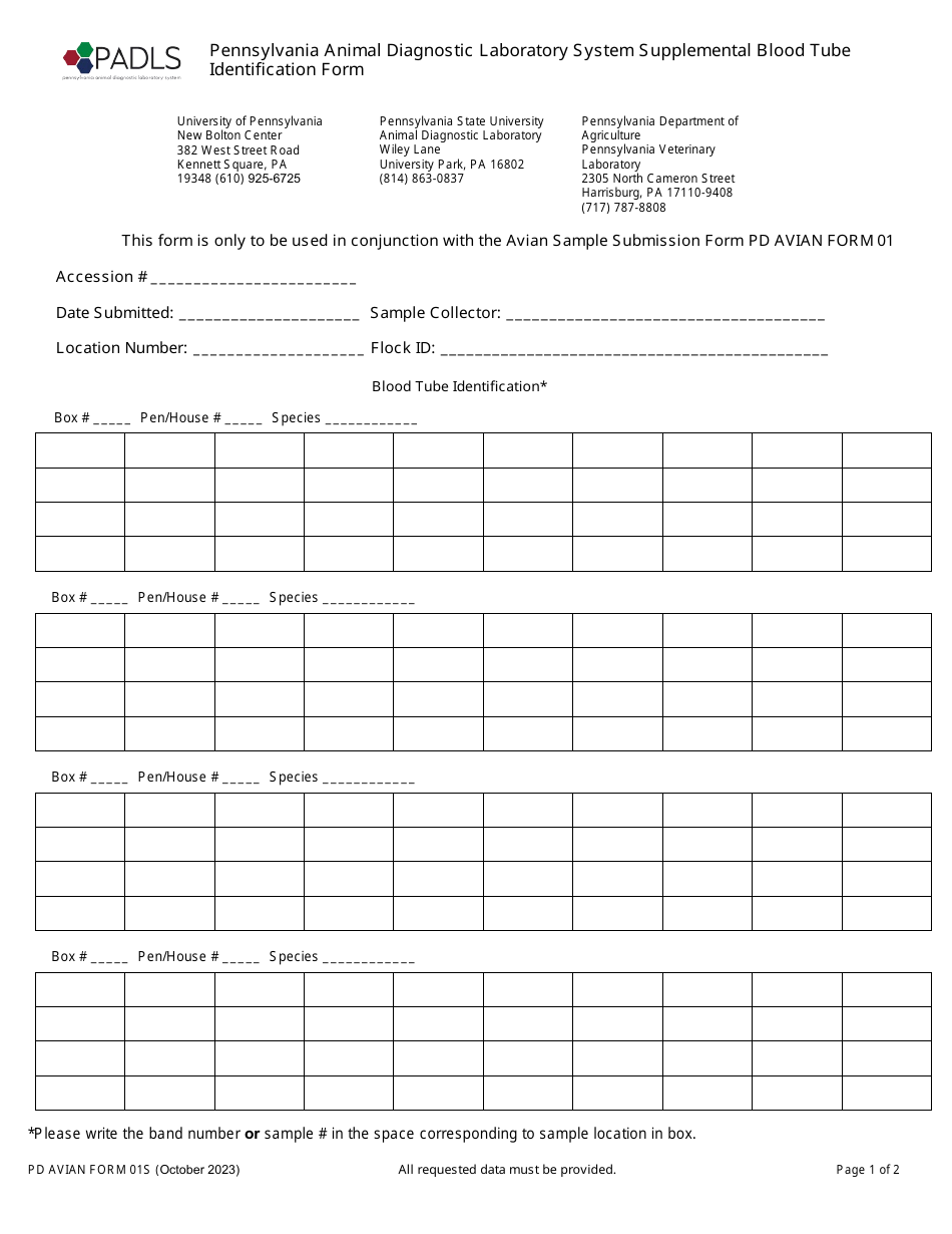 PD AVIAN Form 01S Download Fillable PDF or Fill Online Pennsylvania ...