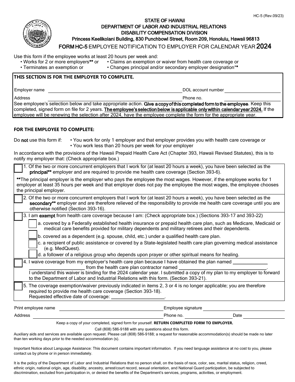 Form HC-5 Download Fillable PDF or Fill Online Employee Notification to ...