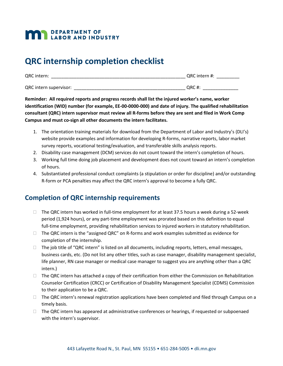 Minnesota Qrc Internship Completion Checklist - Fill Out, Sign Online ...