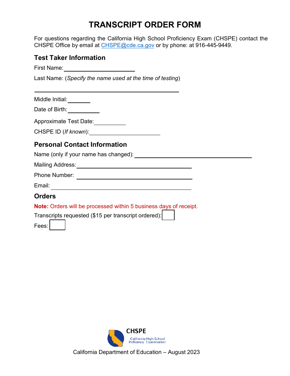 California Chspe Transcript Order Form - Fill Out, Sign Online and ...