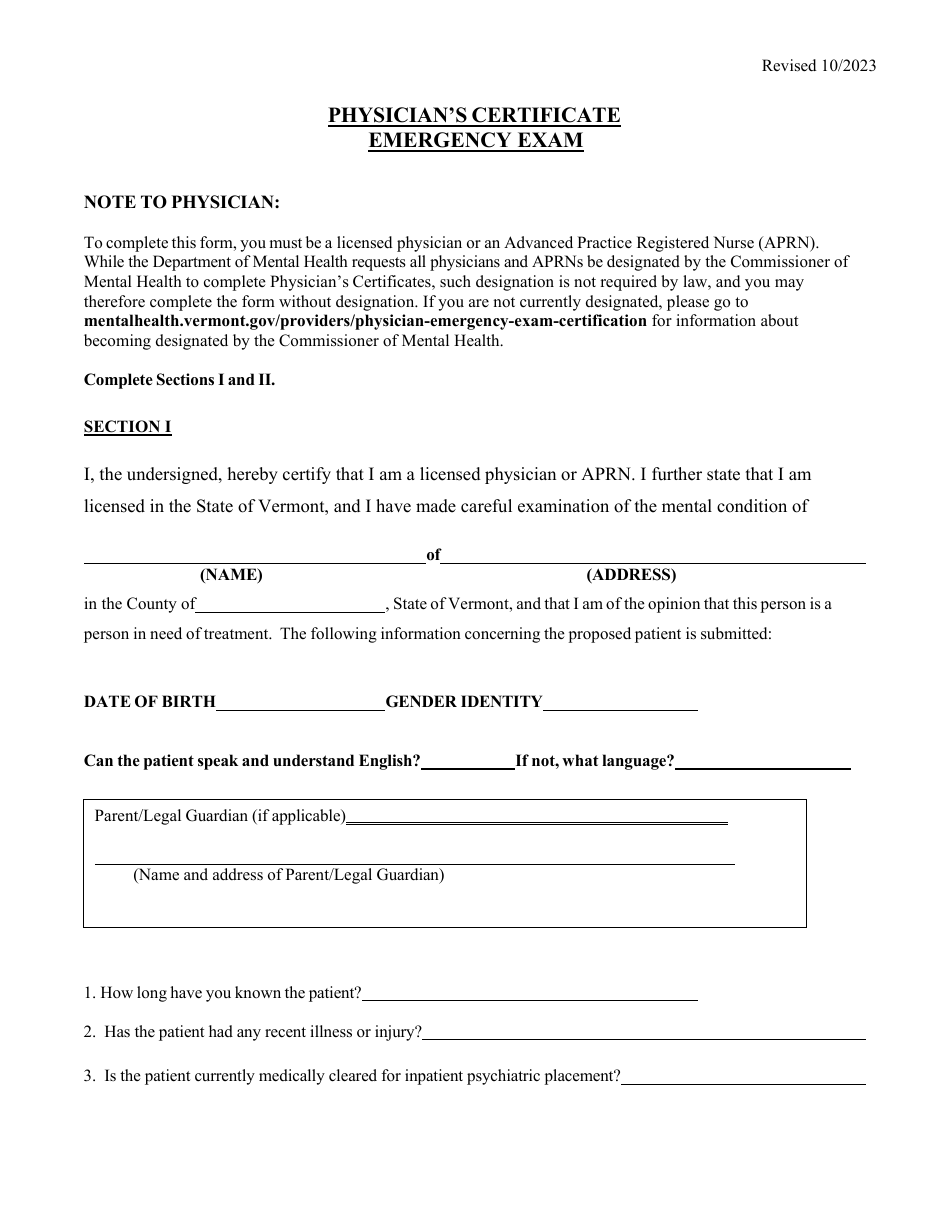 Vermont Physician's Certificate Emergency Exam Download Fillable PDF ...