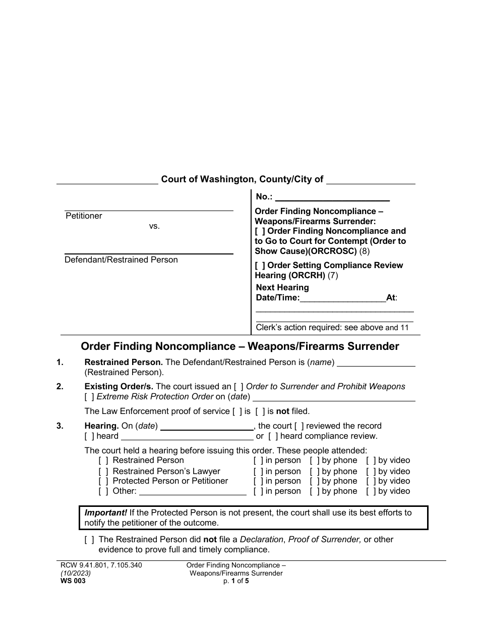 Form WS003 Download Printable PDF or Fill Online Order Finding ...