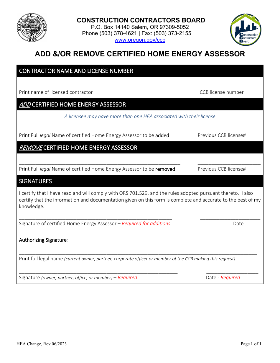 Oregon Add &/Or Remove Certified Home Energy Assessor - Fill Out, Sign ...