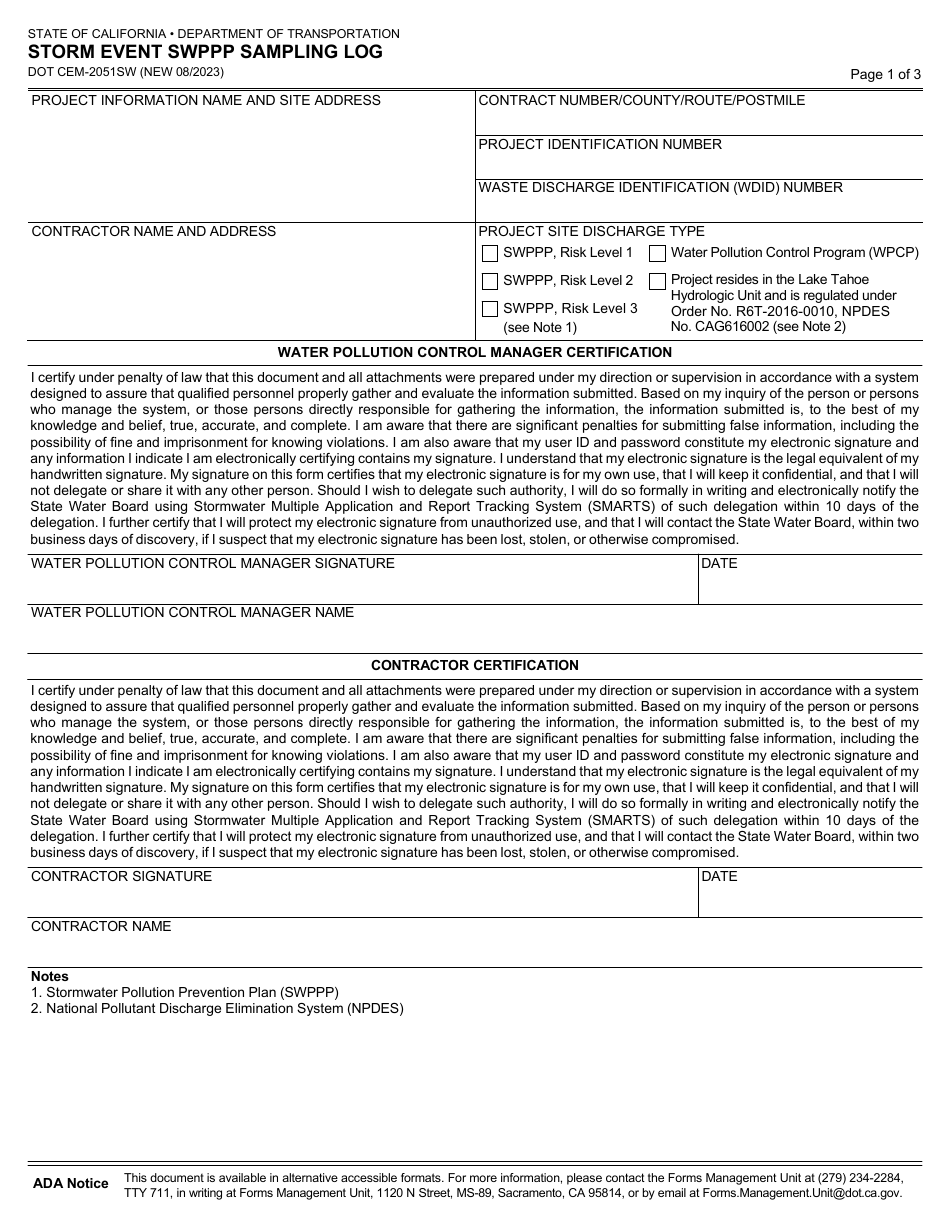 Form DOT CEM-2051SW - Fill Out, Sign Online and Download Fillable PDF, California | Templateroller