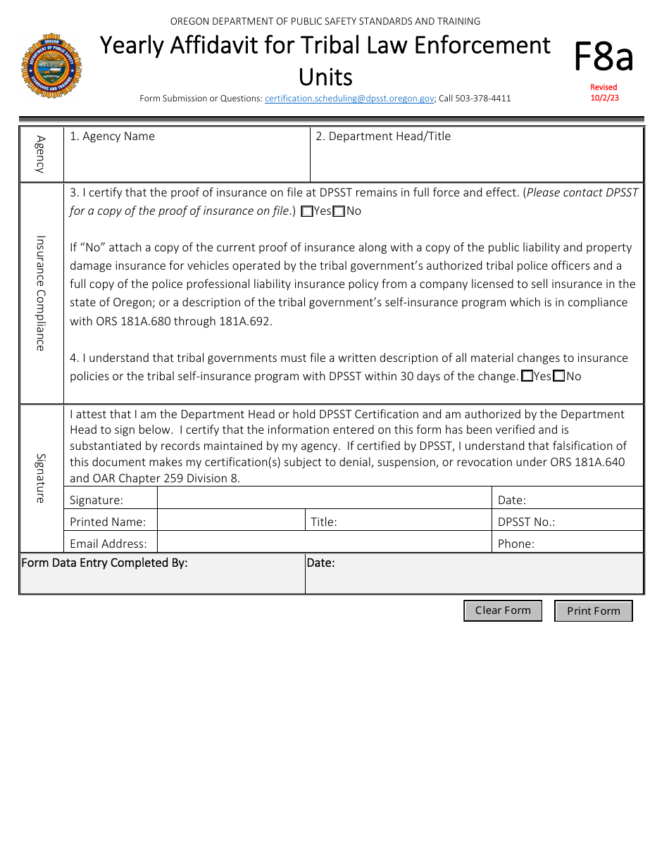 Form F8A - Fill Out, Sign Online and Download Fillable PDF, Oregon ...