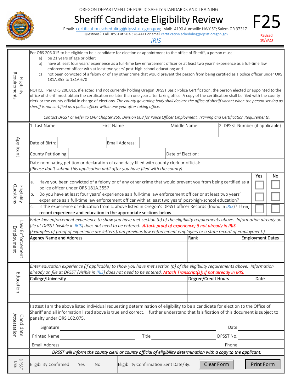 Form F25 Download Fillable PDF or Fill Online Sheriff Candidate ...