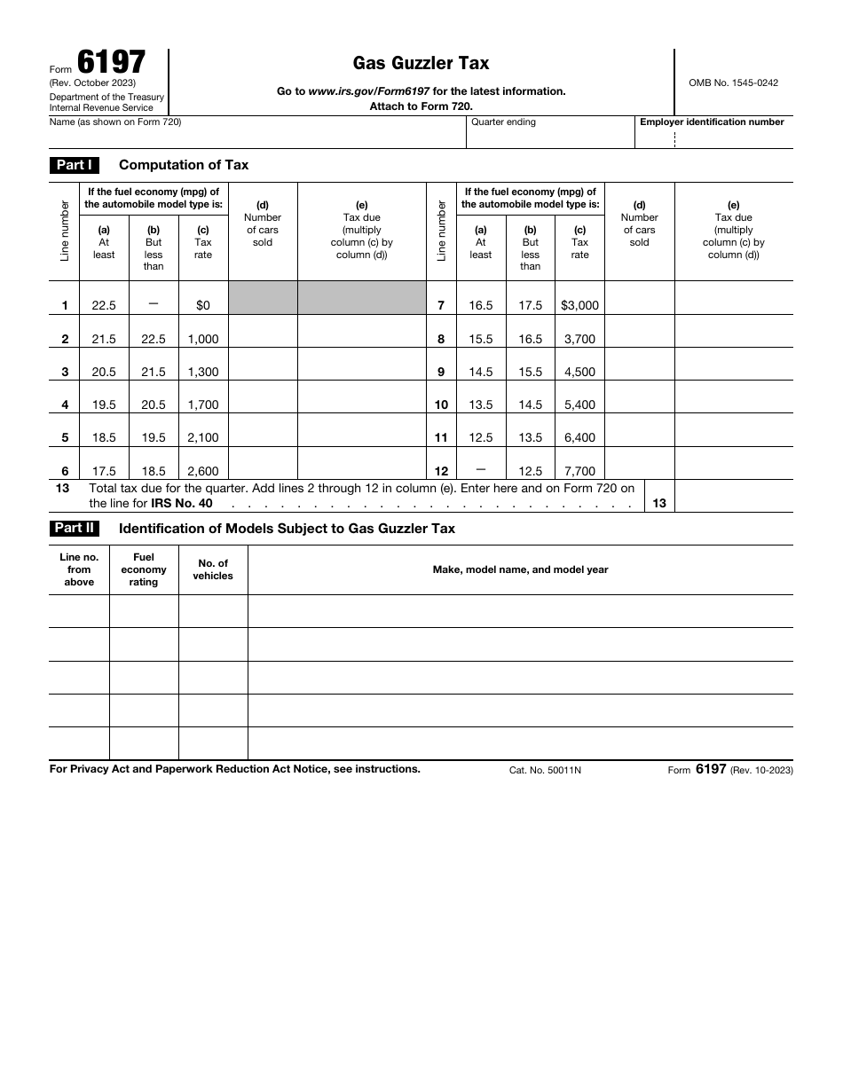 IRS Form 6197 Download Fillable PDF or Fill Online Gas Guzzler Tax ...
