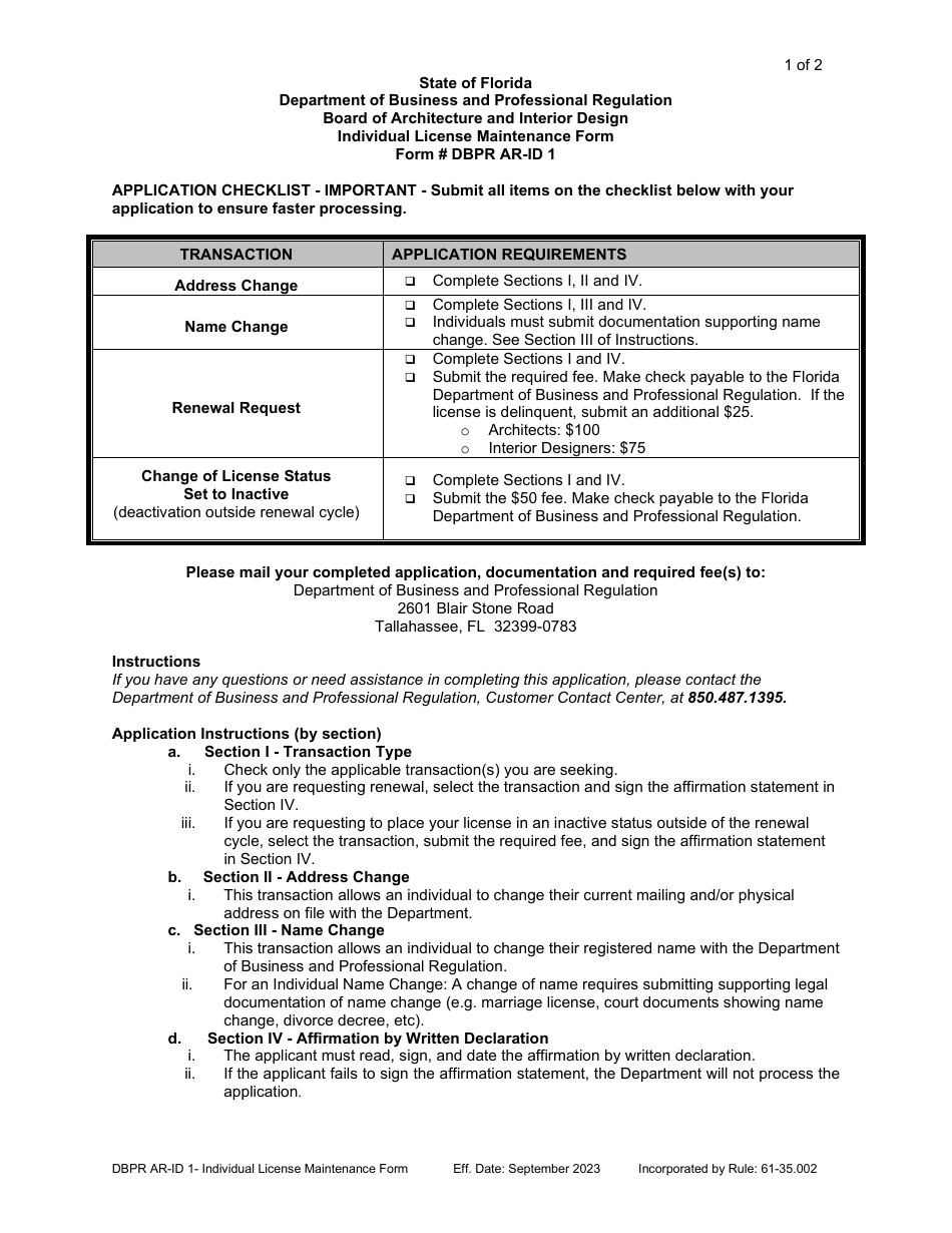 Form DBPR AR-ID1 Download Printable PDF or Fill Online Individual ...