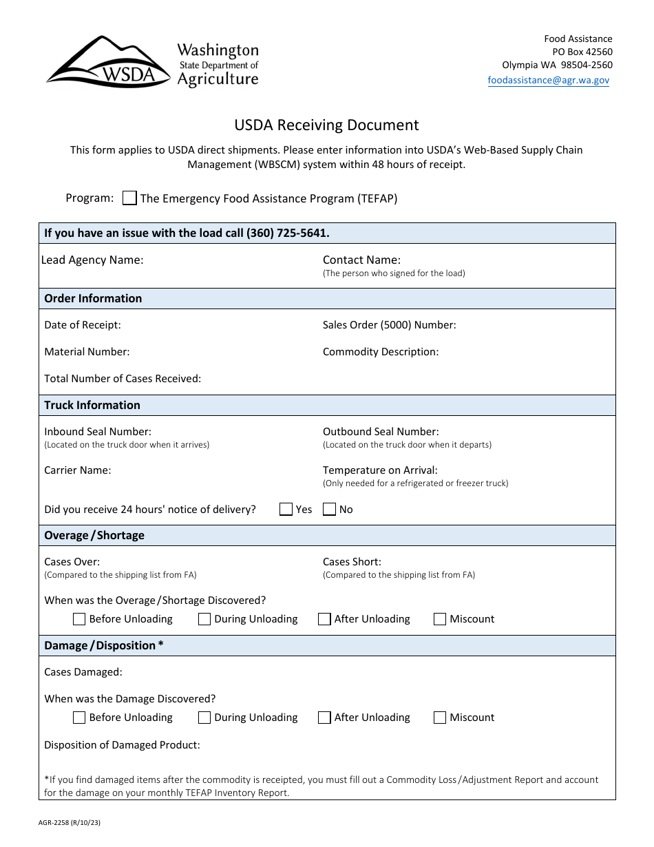 Form AGR-2258 Download Fillable PDF or Fill Online Usda Receiving ...