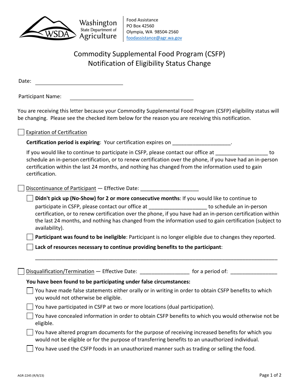 Form AGR-2245 Download Fillable PDF or Fill Online Notification of ...