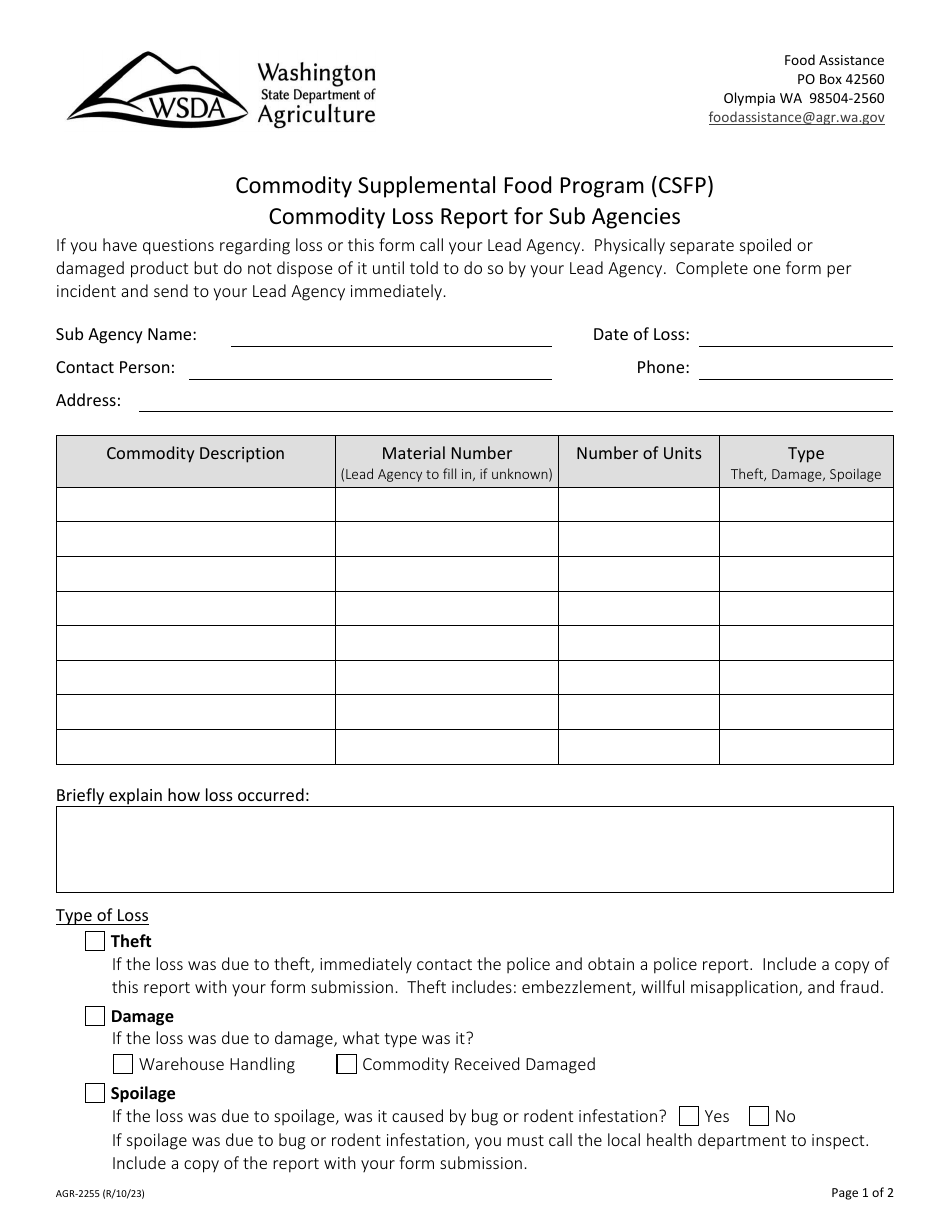 Form AGR-2255 - Fill Out, Sign Online and Download Fillable PDF ...