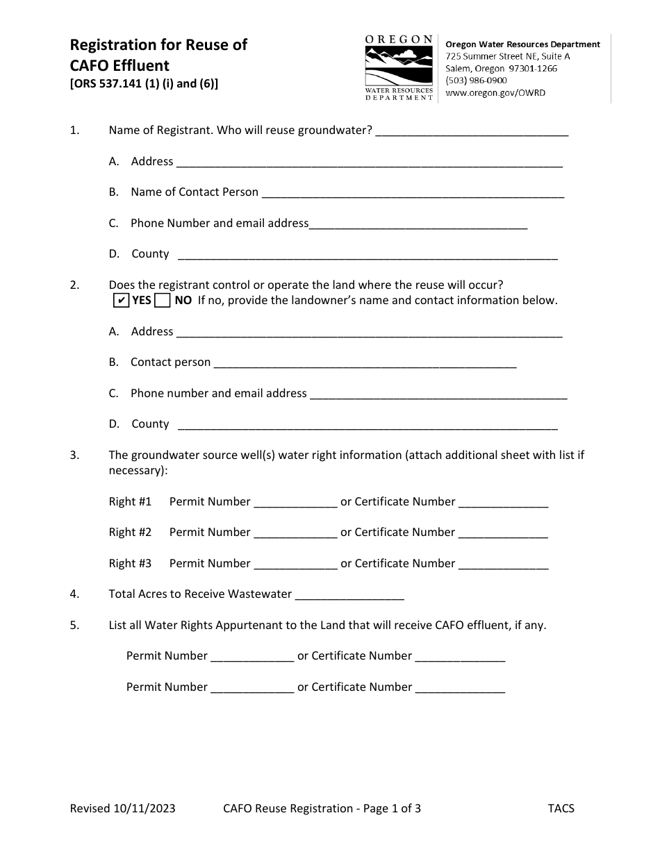 Oregon Registration for Reuse of Cafo Effluent Download Fillable PDF 2018 — 2025 | Templateroller