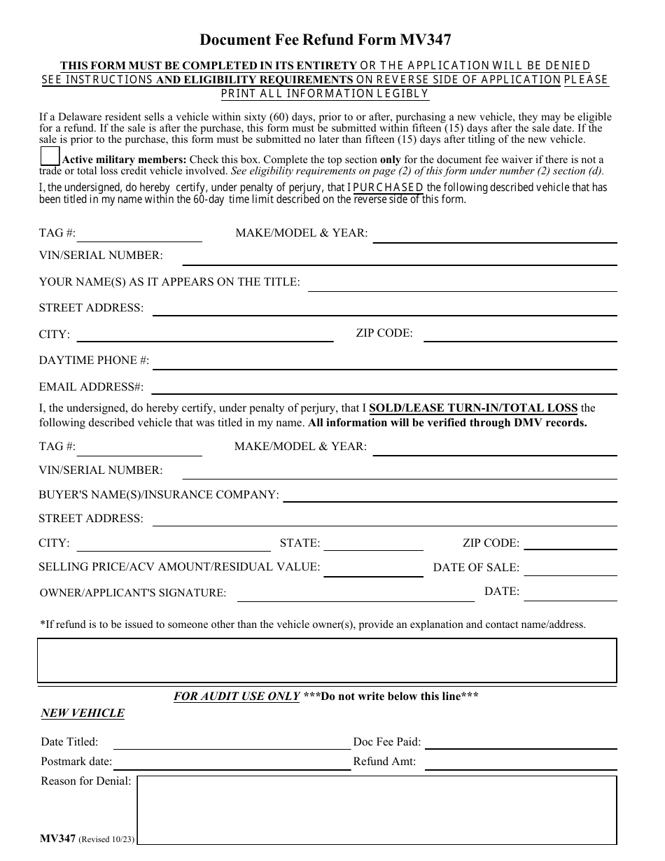 Form MV347 Download Fillable PDF or Fill Online Document Fee Refund ...
