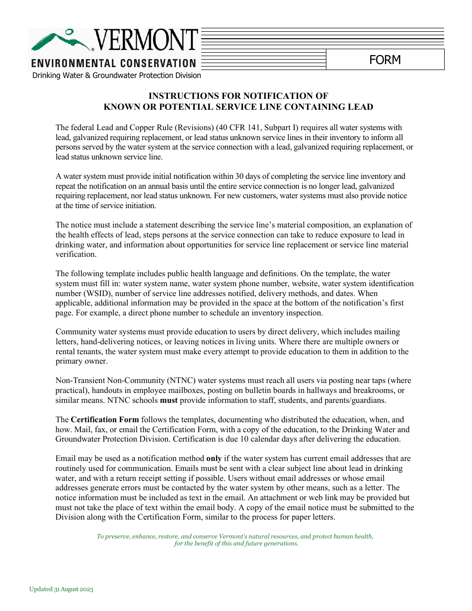 Vermont Notification of Known or Potential Service Line Containing Lead ...