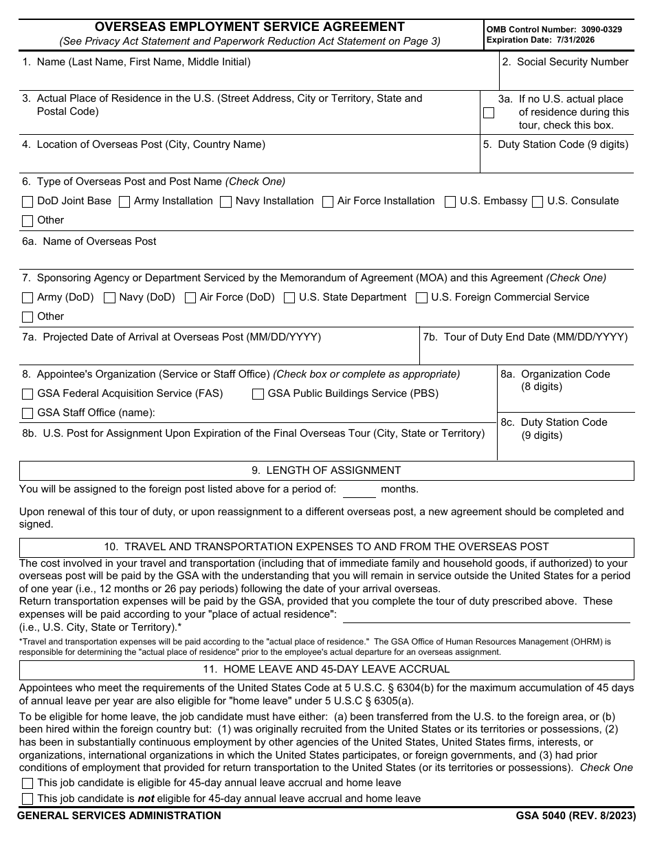 GSA Form 5040 Download Fillable PDF or Fill Online Overseas Employment ...