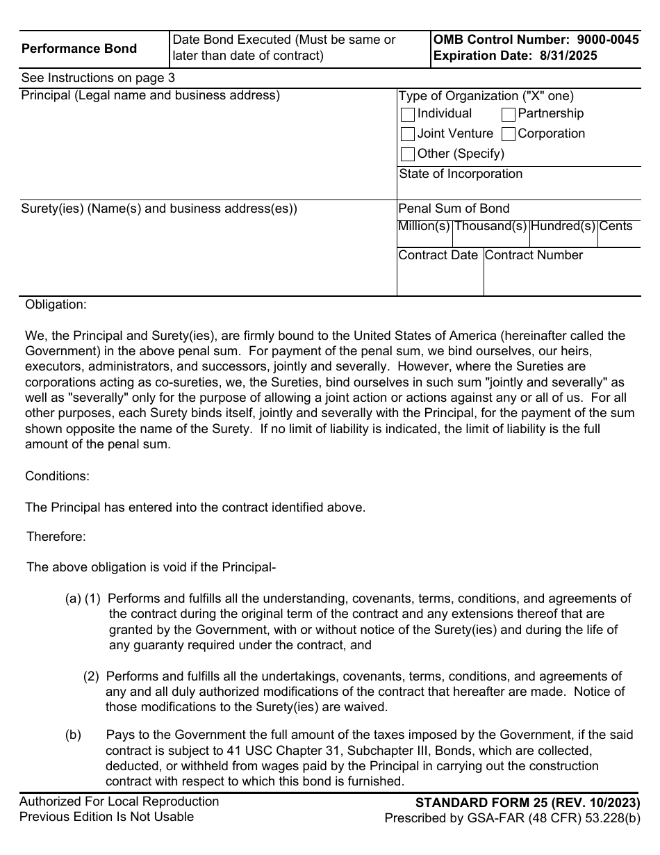 Form SF-25 Download Fillable PDF or Fill Online Performance Bond 2016 ...