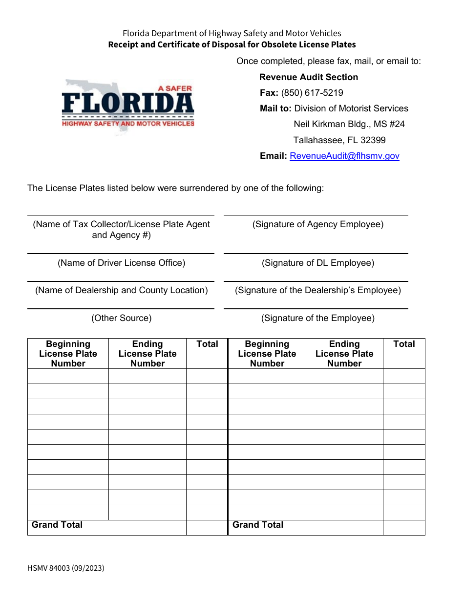 Form HSMV84003 Download Fillable PDF or Fill Online Receipt and ...