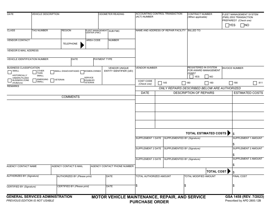 GSA Form 1458 Download Fillable PDF or Fill Online Motor Vehicle ...