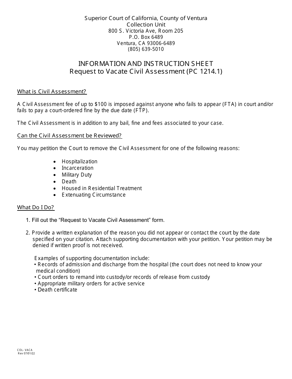 County of Ventura, California Request to Vacate Civil Assessment (Pc ...