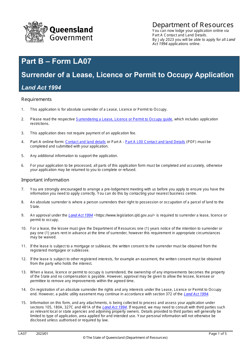 Form LA07 Part B Download Fillable PDF or Fill Online Surrender of a Lease, Licence or Permit to ...