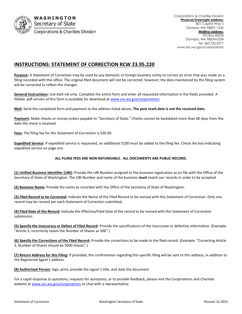 Washington Statement of Correction Download Fillable PDF | Templateroller