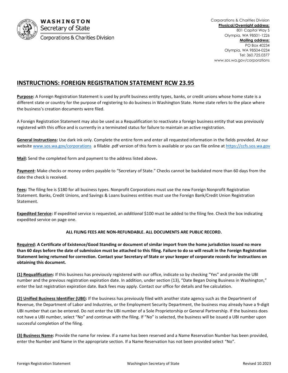 Washington Foreign Registration Statement - Profit Business Entities - Fill Out, Sign Online and ...