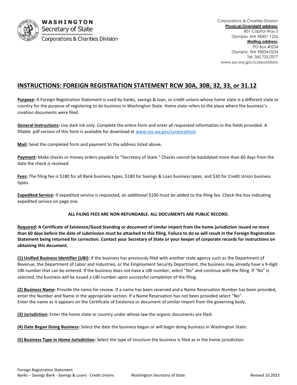 Washington Foreign Registration Statement - Bank Corporation and Bank ...