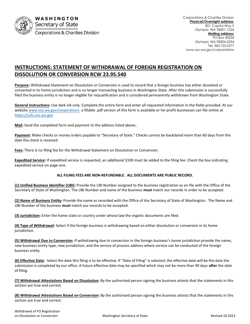 Washington Statement of Withdrawal of Foreign Registration on ...