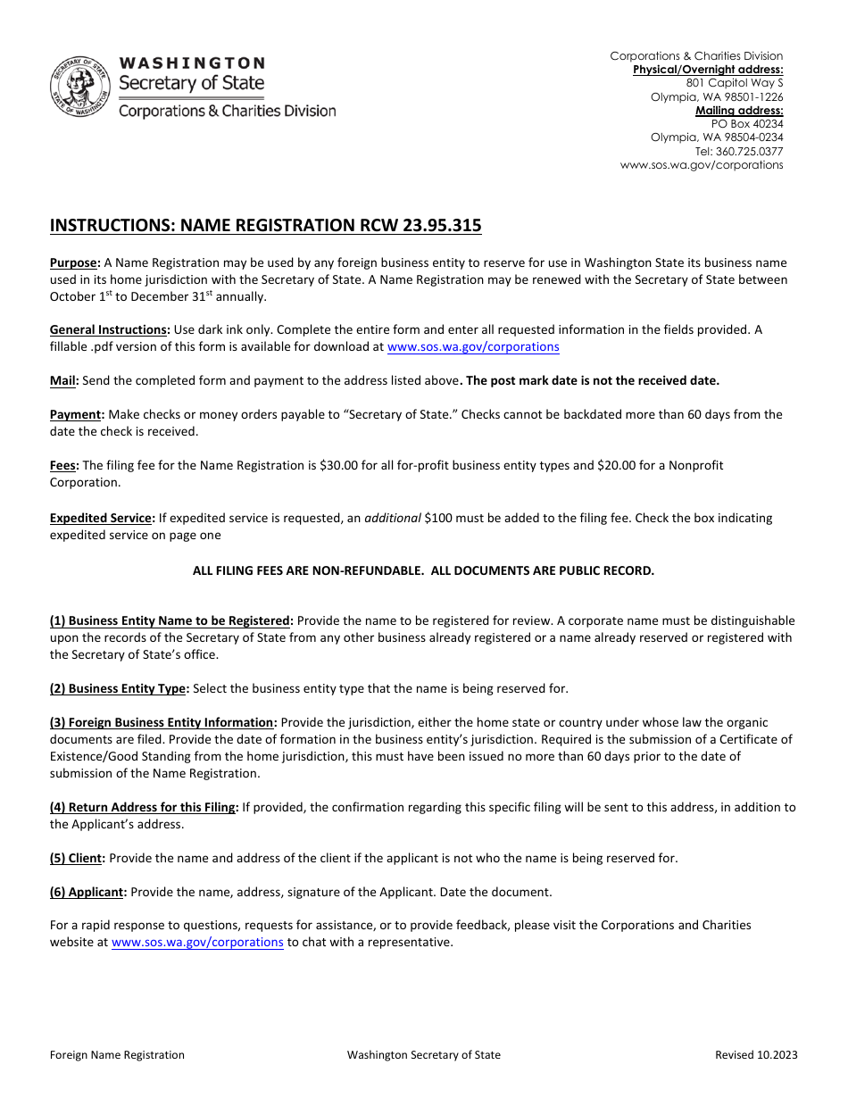Washington Foreign Name Registration - Fill Out, Sign Online and ...