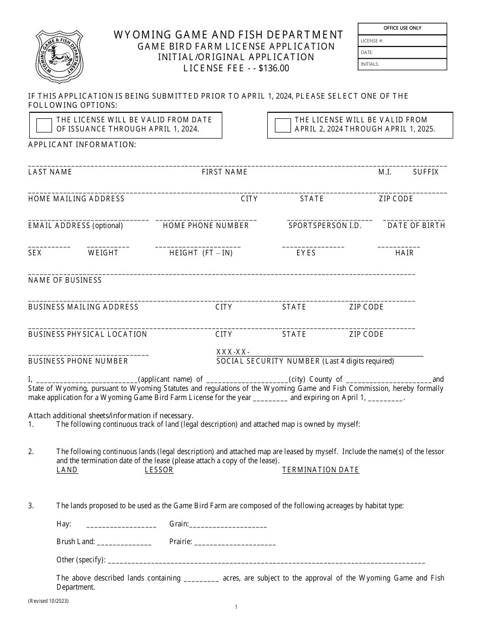 Wyoming Game Bird Farm License Initial/Original Application - Fill Out ...