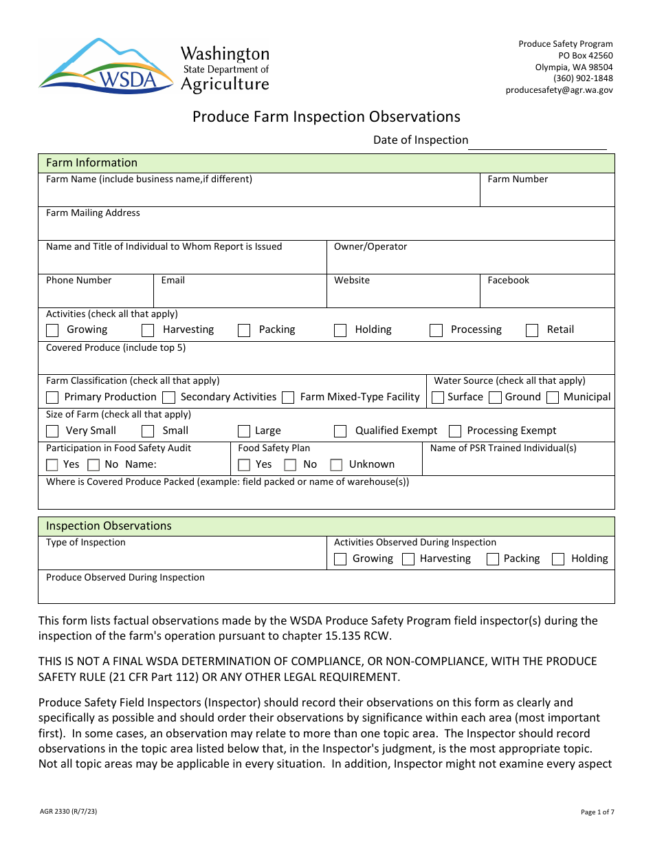 Form AGR2330 - Fill Out, Sign Online and Download Printable PDF ...
